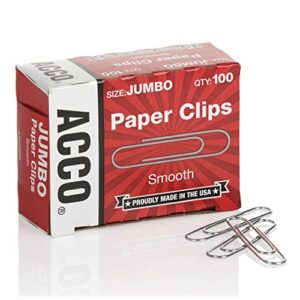 ACCO Paper Clips, Jumbo, Smooth, Economy, 10 Boxes, 100/Box (72580),Silver