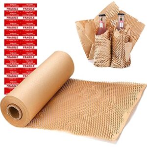 onesimcr honeycomb packing paper wrap 15″x131′ sustainable alternative to bubble wrap for moving/shipping/packing roll with 20 fragile sticker biodegradable & fully recylable