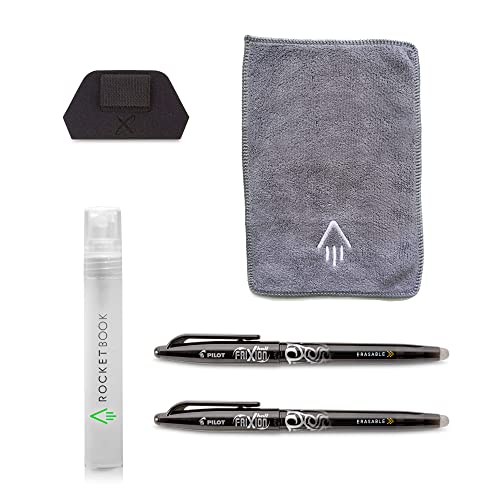 Rocketbook Smart Notebook Accessory Kit - 2 Black Capped FriXion Pens, 1 Spray Bottle, 1 Microfiber Cloth, and 1 Pen Station Scannable Notebook Accessories - Write, Scan, Erase, Reuse