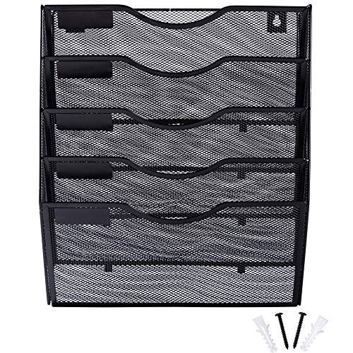 EASEPRES 5 Pockets Mesh Wall File Holder Organizer Office Hanging Magazine Rack, Black