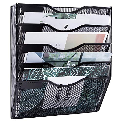 EASEPRES 5 Pockets Mesh Wall File Holder Organizer Office Hanging Magazine Rack, Black