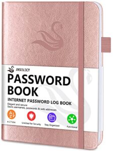 elegant password book with alphabetical tabs – hardcover password book for internet website address login – 5.2″ x 7.6″ password keeper and organizer w/notes section & back pocket (rose gold)