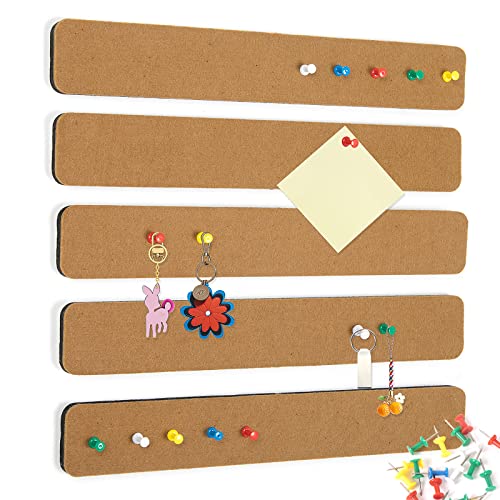 5 Pack Felt Pin Board Bar Strips Bulletin Board for Bedrooms Offices Home Wall Decoration, Notice Board Self Adhesive Cork Board with 35 Push Pins for Paste Notes, Photos, Schedules (Brown)