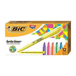 bic brite liner highlighters, chisel tip, 12-count pack of highlighters assorted colors, ideal highlighter set for organizing and coloring