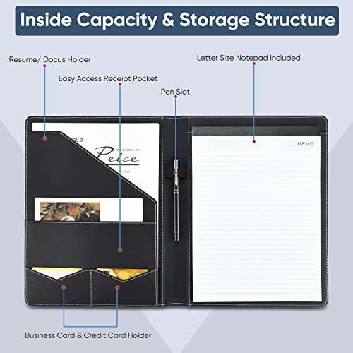 Padfolio Portfolio Leather Binder, Interview Legal Document Organizer, Business Card Holder Included Letter Sized Writing Pad [Piano Noir Faux Leather Matte Finish]