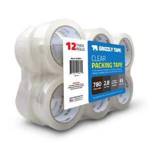 grizzly power clear packing tape refill rolls for shipping, moving, packaging – true 2 inch x 65 yards, 2.8mil thick, 12 rolls