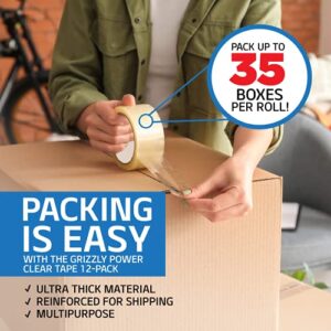 Grizzly Power Clear Packing Tape Refill Rolls for Shipping, Moving, Packaging - True 2 Inch x 65 Yards, 2.8mil Thick, 12 Rolls