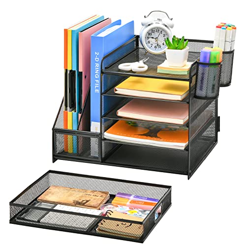 Marbrasse Desk Organizer with File Holder, 5-Tier Paper Letter Tray Organizer with Drawer and 2 Pen Holder, Mesh Desktop Organizer and Storage with Magazine Holder for Office Supplies (Black)