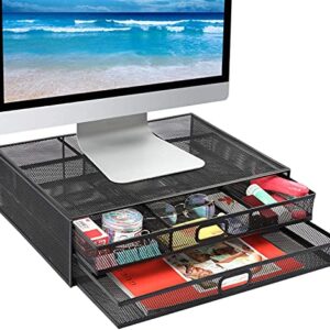 Monitor Stand with Drawer, Monitor Stand, Monitor Riser Mesh Metal, Desk Organizer, Monitor Stand with Storage, Desktop Computer Stand for PC, Laptop, Printer - HUANUO