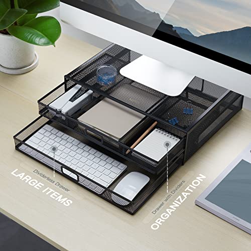 Monitor Stand with Drawer, Monitor Stand, Monitor Riser Mesh Metal, Desk Organizer, Monitor Stand with Storage, Desktop Computer Stand for PC, Laptop, Printer - HUANUO