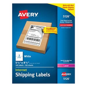 avery 5126 shipping address labels, laser printers, 200 labels, half sheet labels, permanent adhesive, trueblock, white