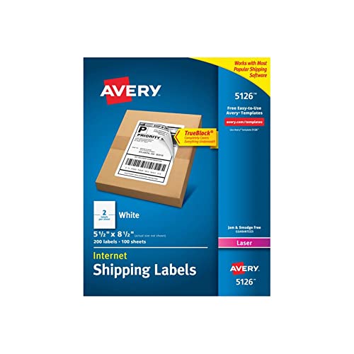 Avery 5126 Shipping Address Labels, Laser Printers, 200 Labels, Half Sheet Labels, Permanent Adhesive, TrueBlock, White