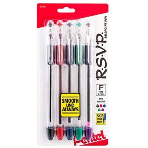 pentel r.s.v.p. ballpoint pen, fine line, (0.7mm), assorted ink, clear barrel, 5 pack (bk90bp5m)