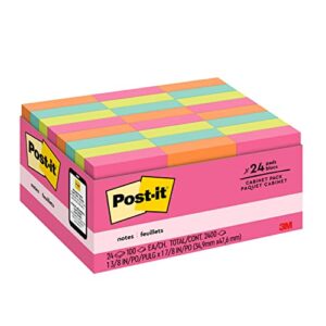 post-it mini notes, 1.5×2 in, 24 pads, america’s #1 favorite sticky notes, poptimistic collection, bright colors (magenta, pink, blue, green), clean removal, recyclable (653-24anvad)