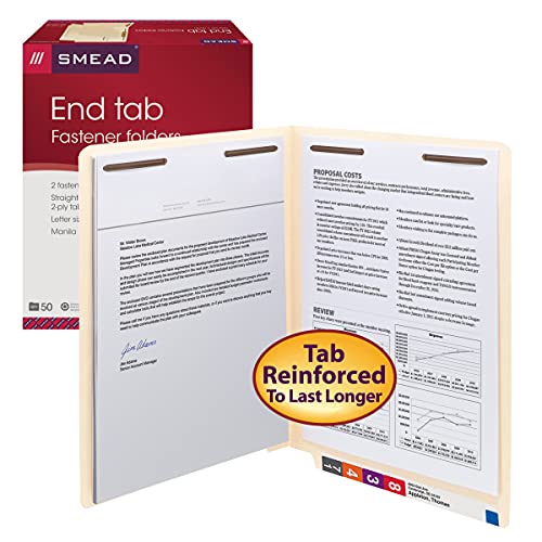 Smead End Tab Fastener File Folder, Shelf-Master® Reinforced Straight-Cut Tab, 2 Fasteners, Letter Size, Manila, 50 per Box (34115)