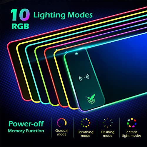 GIM Wireless Charging RGB Gaming Mouse Pad 10W, LED Mouse Mat 800x300x4MM, 10 Light Modes Extra Large Mousepad Non-Slip Rubber Base Computer Keyboard Mat for Gaming, MacBook, PC, Laptop, Desk