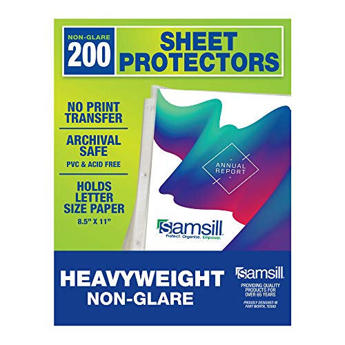 Samsill Sheet Protectors, 8.5x11 Inch Page Protectors for 3 Ring Binder, Heavy Duty, Non-Glare Protector, Letter Size, Top Loading, Acid Free, 200 Pack