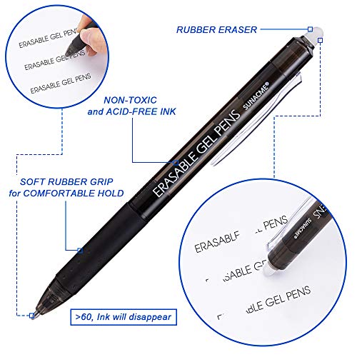 sunacme Erasable Gel Pens, Retractable Erasable Pens Clicker Fine Point Gel Ink Pen, 0.7mm Smooth Ink for Completing Sudoku and Crossword Puzzles (8 Black/4 Blue/4 Red)