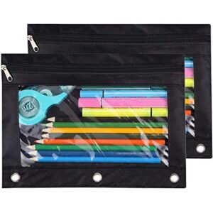 pencil pouch 3 ring, zipper pencil pouches case binder cosmetic bag black 2 pack