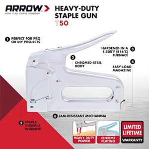 Arrow T50 Heavy Duty Staple Gun for Upholstery, Wood, Crafts, DIY and Professional Uses, Manual Stapler Uses 1/4”, 5/16”, 3/8", 1/2", or 9/16” Staples