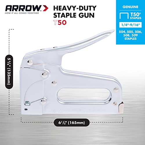 Arrow T50 Heavy Duty Staple Gun for Upholstery, Wood, Crafts, DIY and Professional Uses, Manual Stapler Uses 1/4”, 5/16”, 3/8", 1/2", or 9/16” Staples