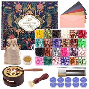 chuhuayuan wax seal stamp kit with gift box, 24 colors and 624 pcs wax seal beads with wax seal stamp, sealing wax warmer, wax seal metallic pen and envelope, wax seal kit for gift and decoration