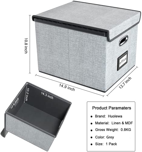 Huolewa Upgraded Portable File Organizer Box with Lids, Collapsible Linen Hanging Filing Storage Boxes with Plastic Slide, Decorative Home/Office Filing System for File and Folders Storage (Gray)