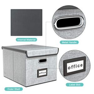 Huolewa Upgraded Portable File Organizer Box with Lids, Collapsible Linen Hanging Filing Storage Boxes with Plastic Slide, Decorative Home/Office Filing System for File and Folders Storage (Gray)