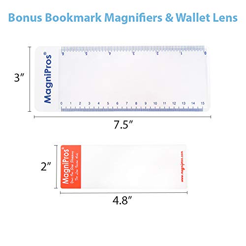 MagniPros(2PACK) Large Full Page 3X Premium Magnifying Sheet Fresnel Lens 7.5" X 10.5"+2 Bonus Ruler Magnifiers+2 Bookmark Lenses-Best Magnifying Set for Reading Small Prints & Low Vision Seniors