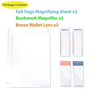 MagniPros(2PACK) Large Full Page 3X Premium Magnifying Sheet Fresnel Lens 7.5" X 10.5"+2 Bonus Ruler Magnifiers+2 Bookmark Lenses-Best Magnifying Set for Reading Small Prints & Low Vision Seniors