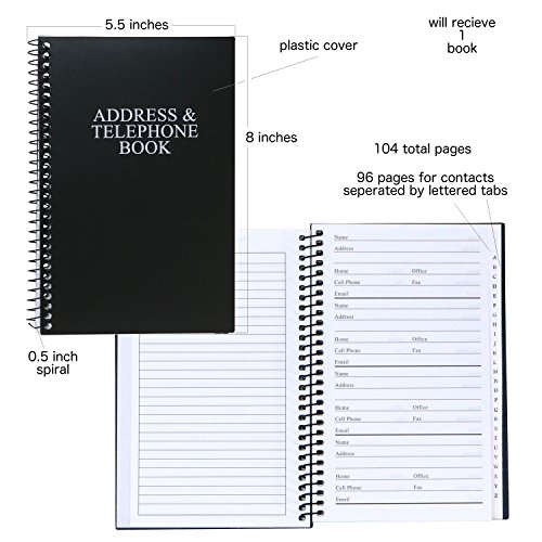 Iconikal Spiral-Bound Address and Telephone Book with Plastic Cover, Black