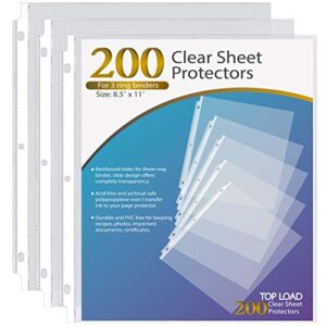 ktrio sheet protectors 8.5 x 11 inch clear page protectors for 3 ring binder, plastic sleeves for binders, top loading paper protector letter size, 200 pack