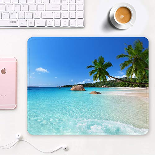 Auhoahsil Mouse Pad, Square Beach Style Anti-Slip Rubber Mousepad with Durable Stitched Edges for Gaming Office Laptop Computer PC Men Women Kids, Cute Custom Pattern, Beach and Coconut Trees Design