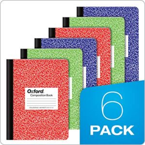 Oxford Composition Notebook 6 Pack, College Ruled Paper, 9-3/4 x 7-1/2 Inches, 100 Sheets, Assorted Marble Covers. 2 Each: Blue, Green, Red (63763)