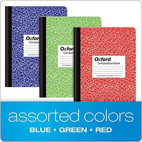 Oxford Composition Notebook 6 Pack, College Ruled Paper, 9-3/4 x 7-1/2 Inches, 100 Sheets, Assorted Marble Covers. 2 Each: Blue, Green, Red (63763)