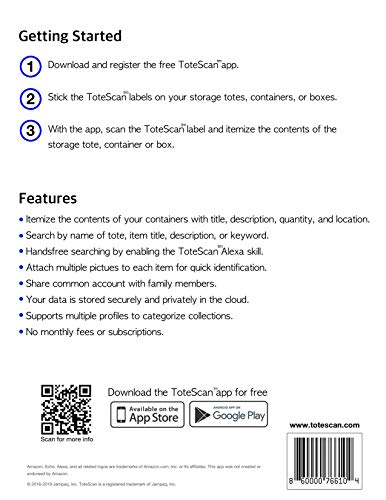 ToteScan Intelligent QR Labels for organizing & Storage (45 Unique Labels, 2.5"x3")