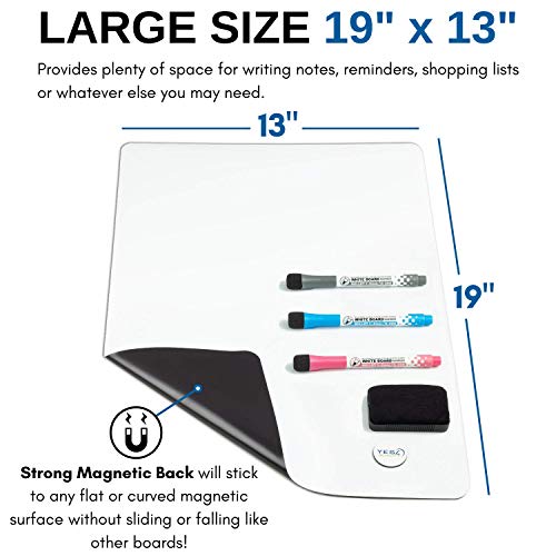 Magnetic Dry Erase Whiteboard Sheet for Fridge 19x13 in - with Stain Resistant Technology - Includes 3 Fine Tip Markers & Big Eraser with Magnets - Refrigerator White Board Planner & Organizer