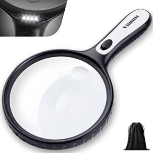 magnifying glass with light, large magnifier 5x 15x handheld illuminated lighted magnifier with 4 led lights storage bag clean cloth for seniors reading, inspection, exploring