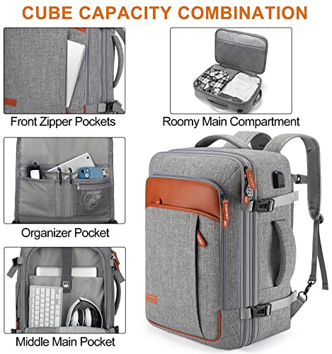 Carry on Backpack, Extra Large 40L Flight Approved Travel Backpack for Men & Women,Expandable Large Suitcase Backpacks With 4 Packing Cubes,Water Resistant Luggage Daypack Business Weekender Bag,Grey