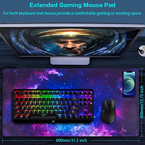 Canjoy Gaming Mouse Pad, Extended Mouse Pad, 31.5x15.7inch XXL Large Big Computer Keyboard Mouse Mat Desk Pad with Non-Slip Base and Stitched Edge for Home Office Gaming Work, Galaxy Print