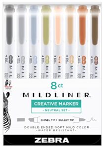 zebra pen mildliner double ended highlighter, broad and fine point tips, assorted neutral vintage ink colors, 8-pack (78208)