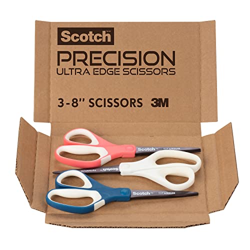 Scotch 8" Precision Ultra Edge Non-Stick Scissors, 3 Count, All-Purpose Titanium Scissors for Fabric, Crafts, Cardstock, Office, and School Supplies (1458-3AMZ-ESF)