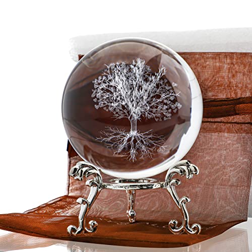 60mm Tree of Life Crystal Ball with Stand Decorative Paperweight 3D Laser Engraved Glass Plant Life Tree Sphere Novelty Home Decor