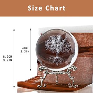 60mm Tree of Life Crystal Ball with Stand Decorative Paperweight 3D Laser Engraved Glass Plant Life Tree Sphere Novelty Home Decor