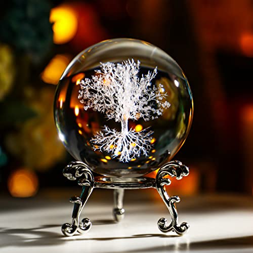 60mm Tree of Life Crystal Ball with Stand Decorative Paperweight 3D Laser Engraved Glass Plant Life Tree Sphere Novelty Home Decor