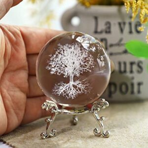 60mm Tree of Life Crystal Ball with Stand Decorative Paperweight 3D Laser Engraved Glass Plant Life Tree Sphere Novelty Home Decor