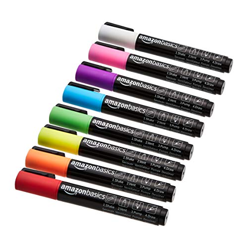 Amazon Basics Bullet/Chisel Reversible Tip Chalk Markers, Bright Colors, Bold Point