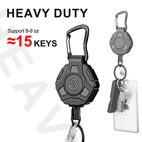 2 Pack Badge Reels Retractable, Heavy Duty Retractable Keychain, Tactical ID Badge Holder with Upgraded Zinc Alloy Carabiner, 31.5'' Coated Steel Cord, Bearing 8.0 oz- Black