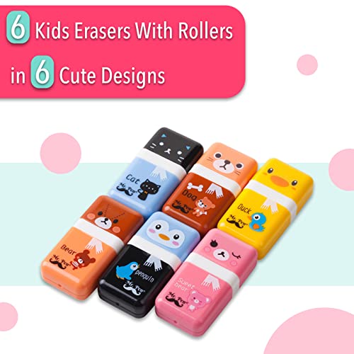 Mr. Pen- Erasers for Kids, 6 Pack, Eraser with Cover and Roller, School Supplies, Erasers, Kids Erasers, Pencil Eraser, Cute Erasers, Kids School Supplies