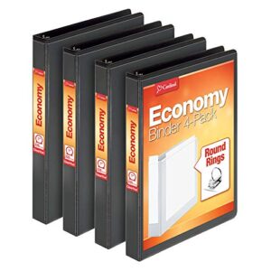 cardinal economy 3 ring binder, 1 inch, presentation view, black, holds 225 sheets, nonstick, pvc free, 4 pack of binders (79512)